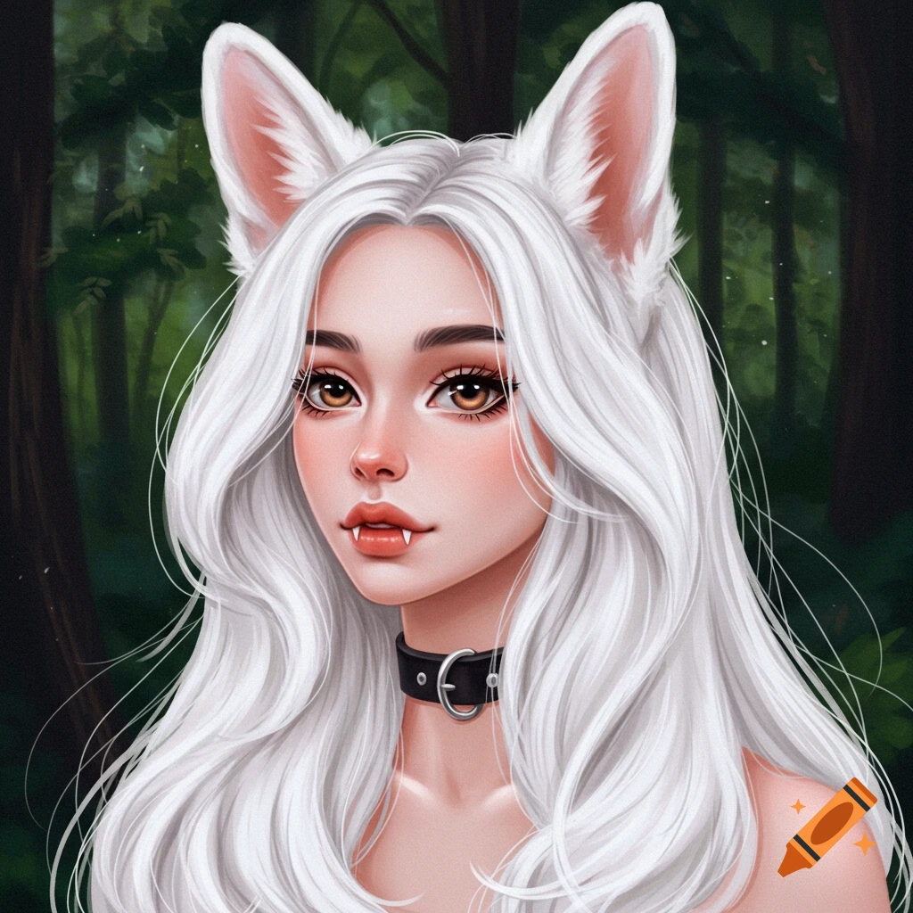 Semi-realistic portrait of a white-haired woman with wolf ears and fangs, wearing a collar, in a ...
