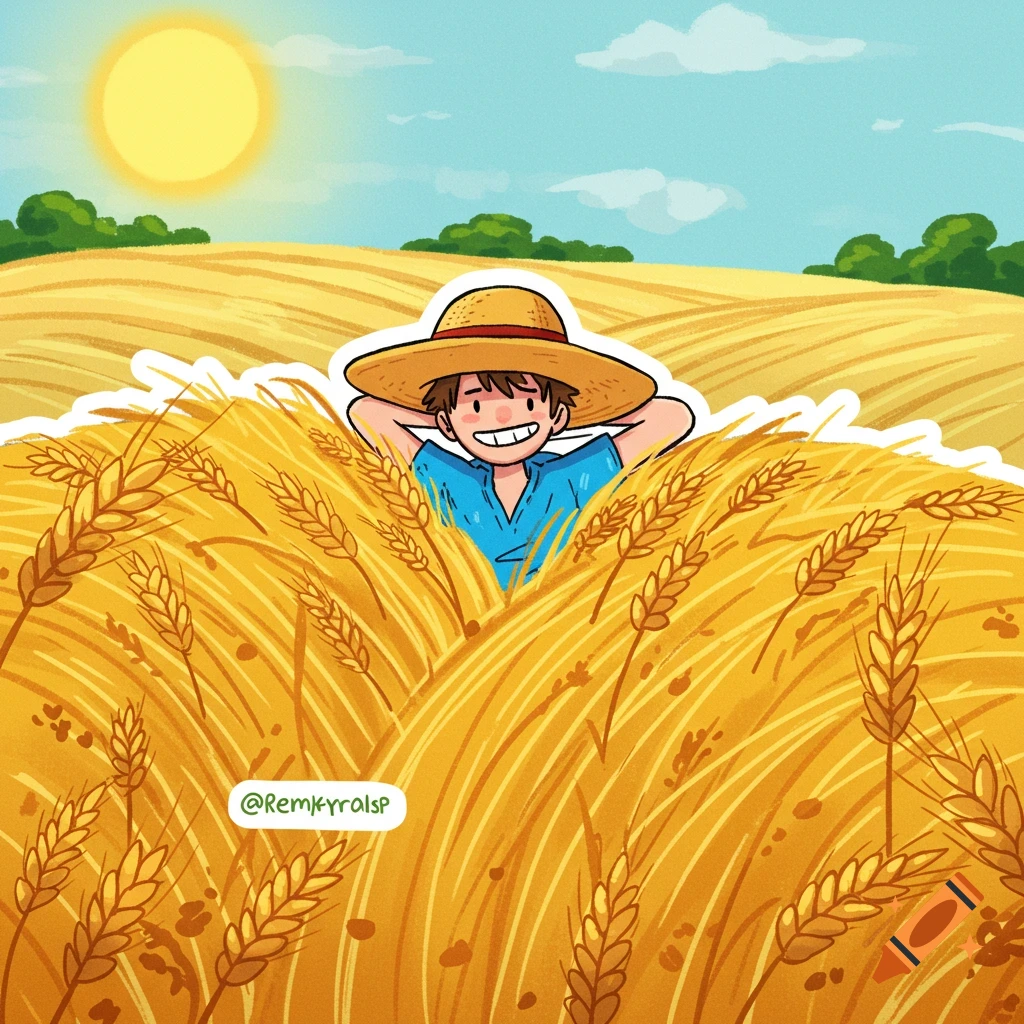 A cartoon man wearing a straw hat relaxes in a golden wheat field under ...