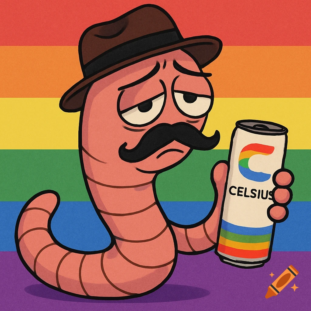 A fashionable, depressed cartoon worm with a fedora and mustache holds ...