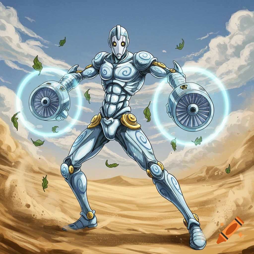 A humanoid figure in silvery-blue armor with turbine gauntlets stands ...
