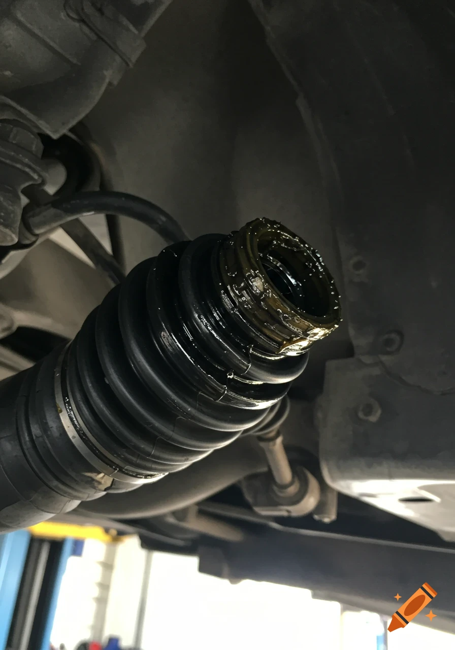 Close-up of a greasy, broken CV axle boot on a vehicle, indicating a leak. on Craiyon