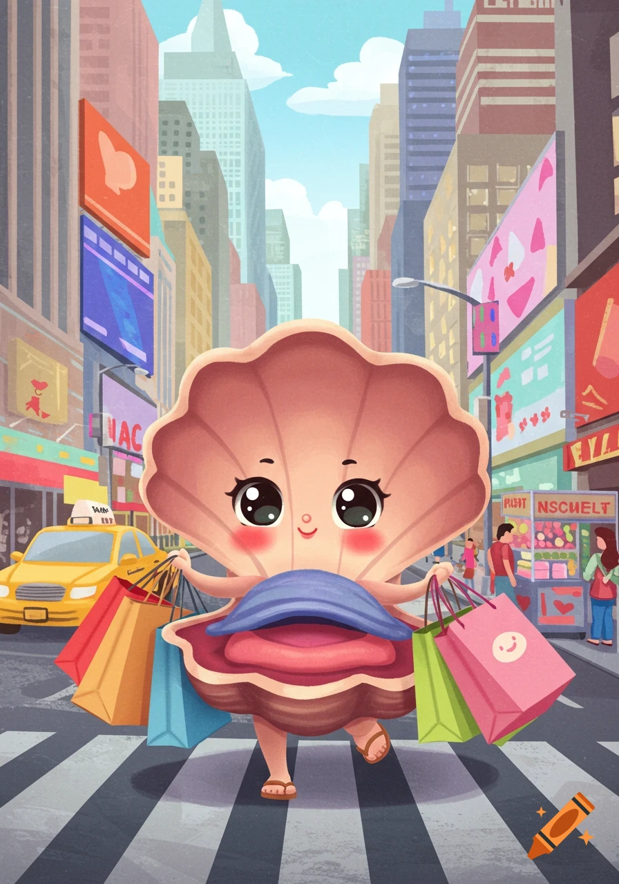 A cute cartoon clam character with shopping bags crosses a city street ...