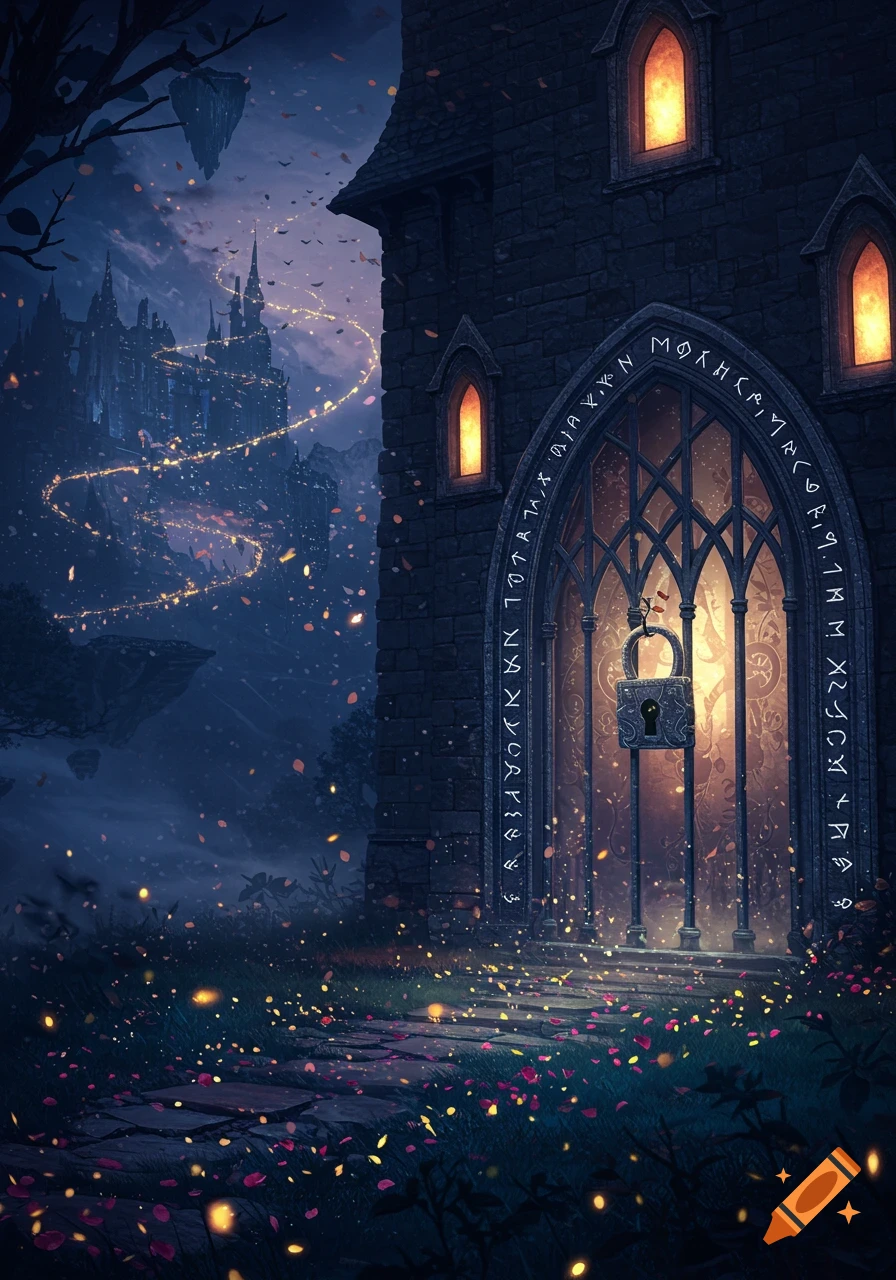 A mysterious fantasy castle gate with glowing runes and a padlock ...
