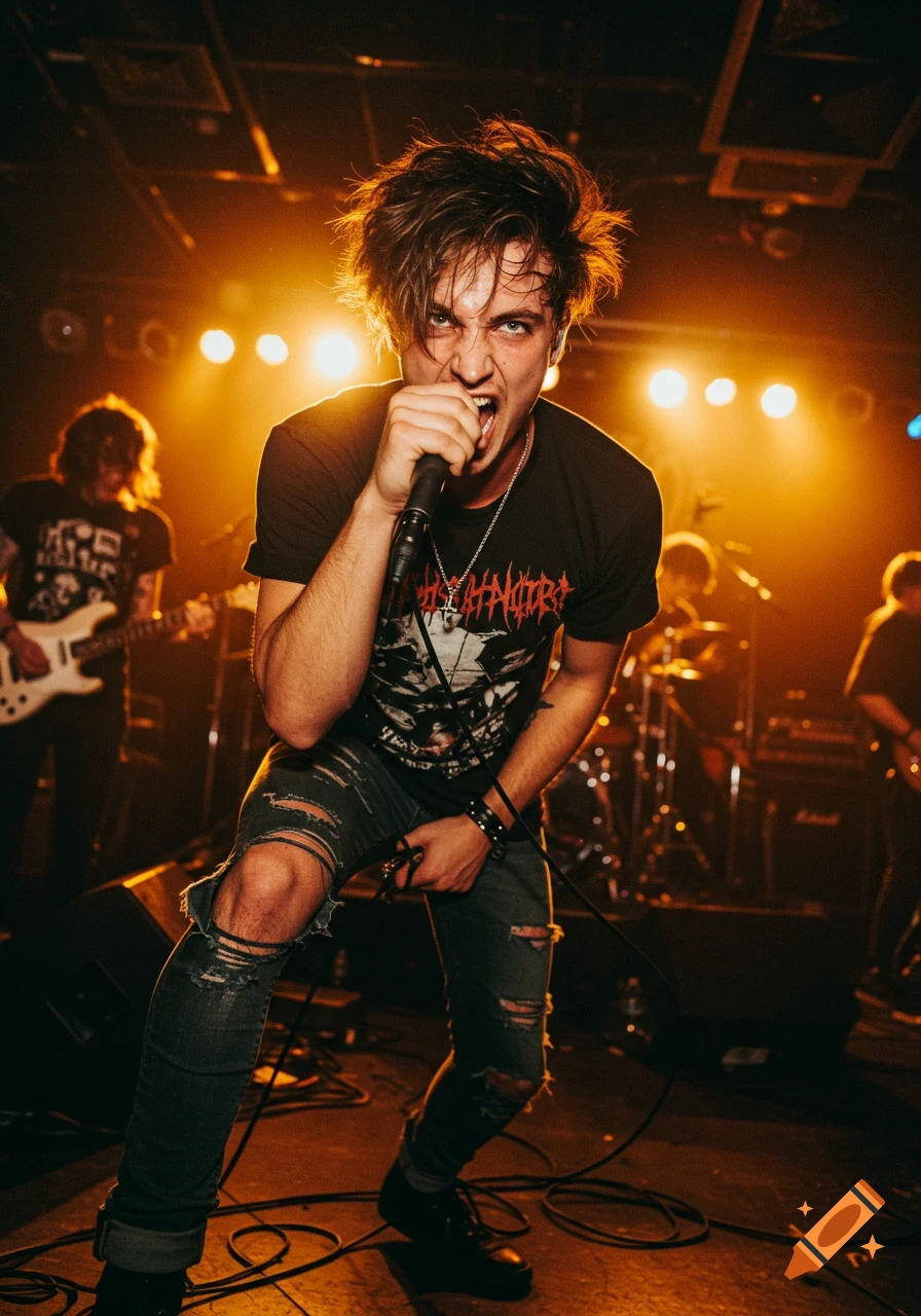 Photorealistic image of a male punk rock lead singer with messy hair ...
