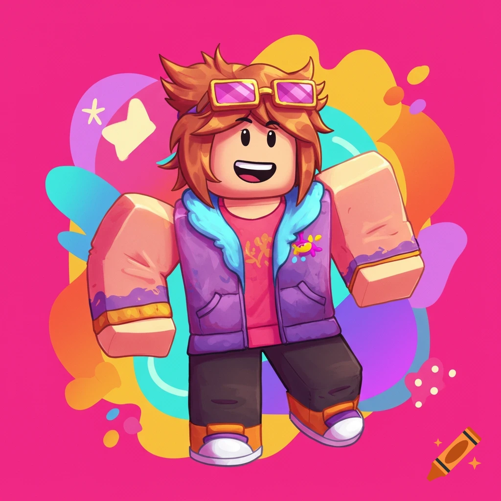 A cartoon Roblox avatar with spiky brown hair, sunglasses, a purple and ...