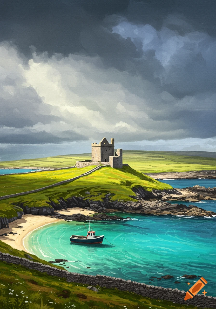 Painterly landscape of an old stone castle on a green hill above a turquoise bay with a small ...