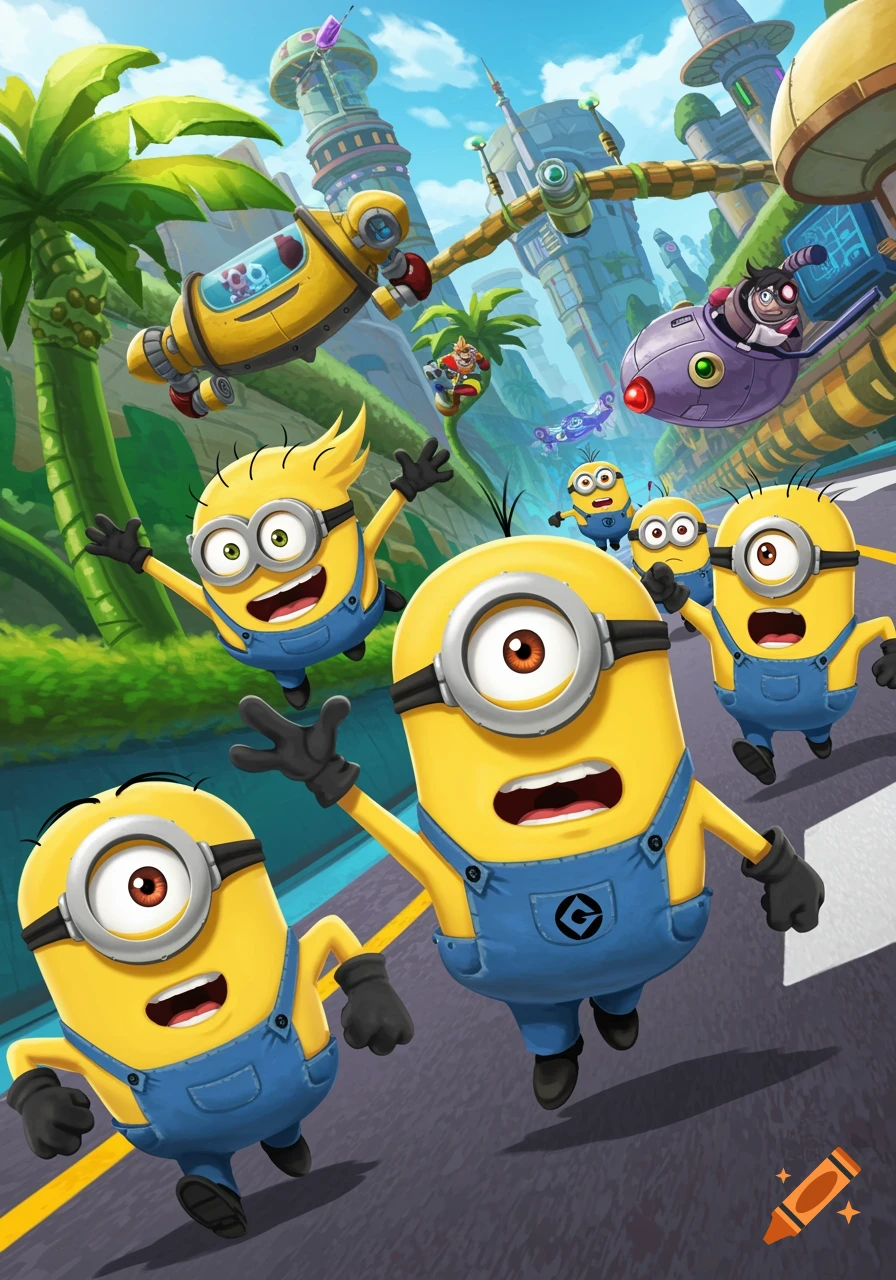 Minions race on a futuristic track with flying vehicles and other ...