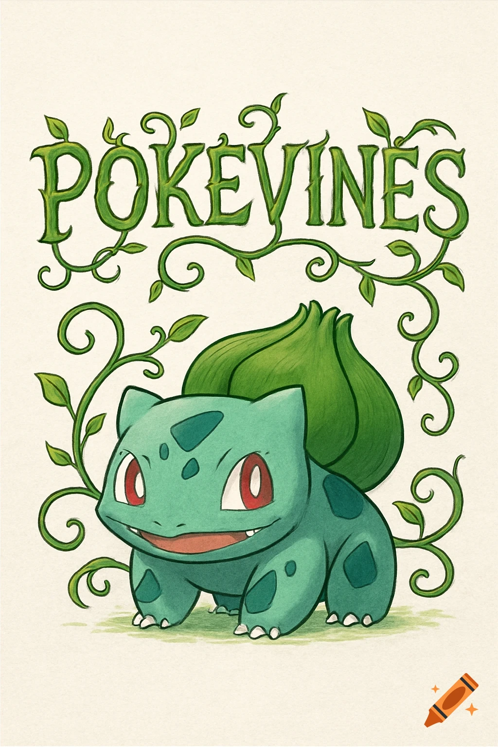 Cartoon illustration of Bulbasaur standing amidst green vines with ...