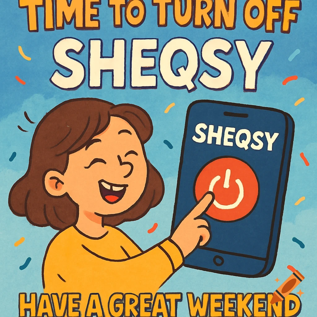 A happy cartoon girl points at a smartphone with the word SHEQSY and a ...