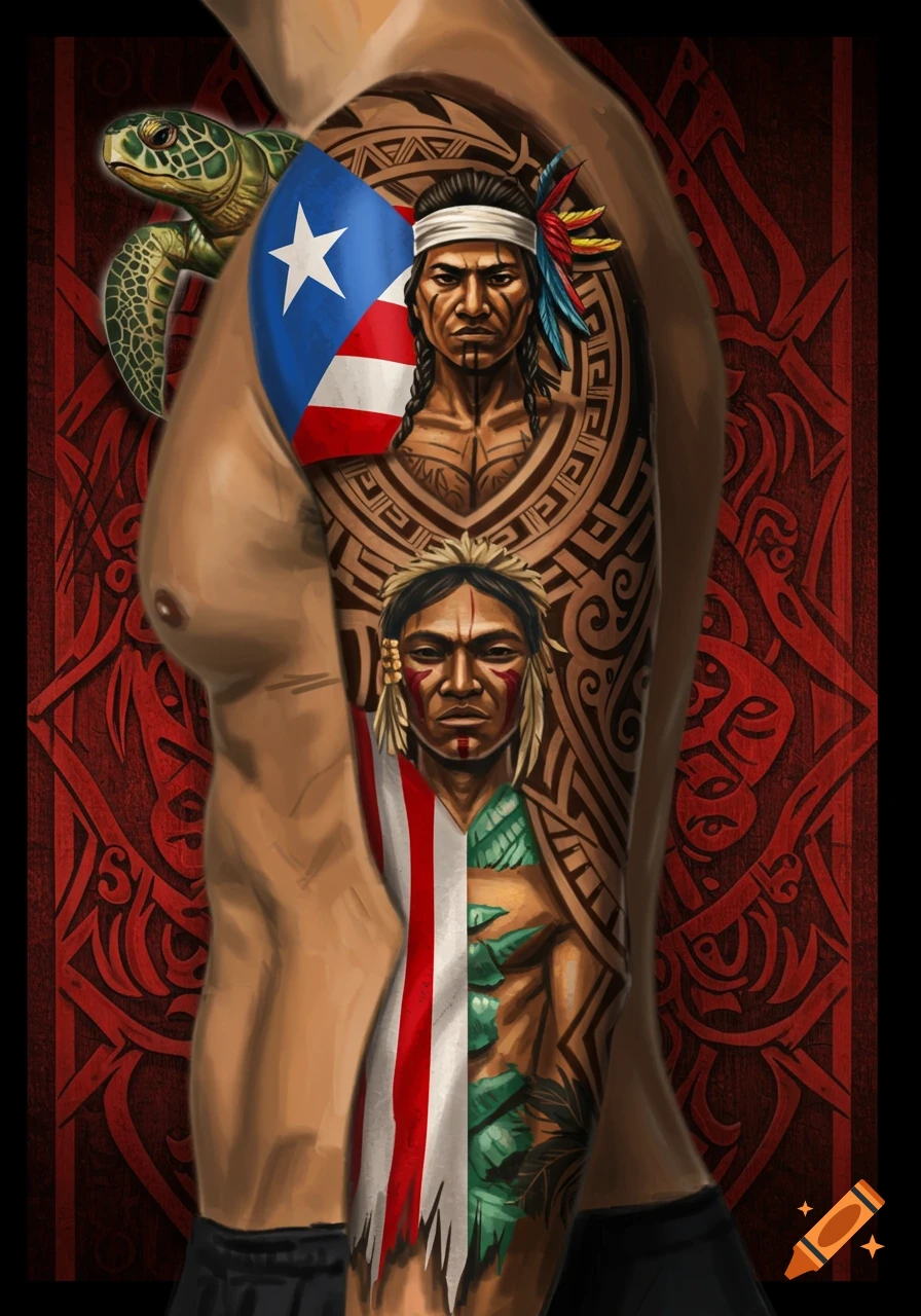 An arm sleeve tattoo illustration with indigenous warriors, a Puerto ...