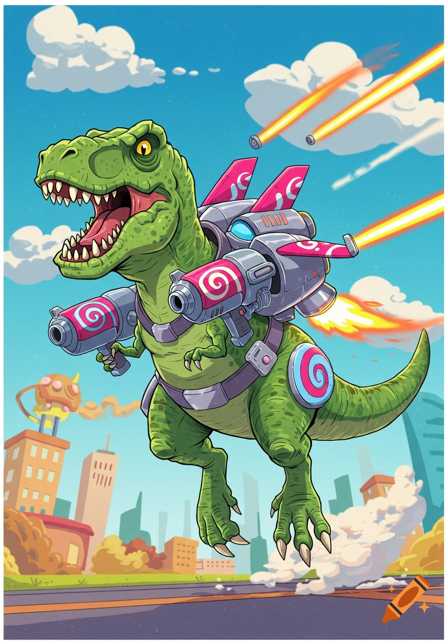 A cartoon green T-Rex with a jetpack and guns flying over a city ...