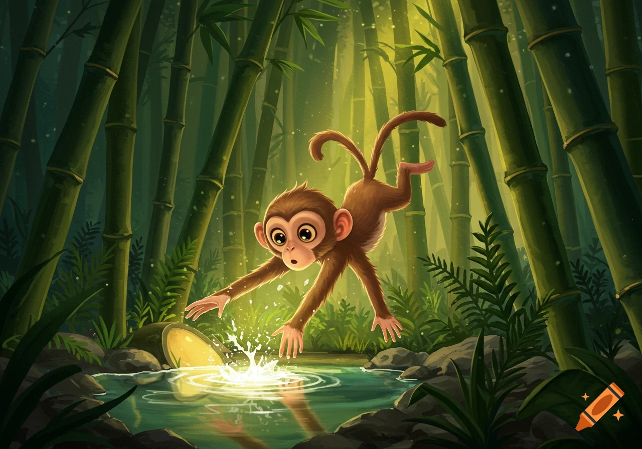 A cute cartoon monkey splashes water in a pond surrounded by tall ...