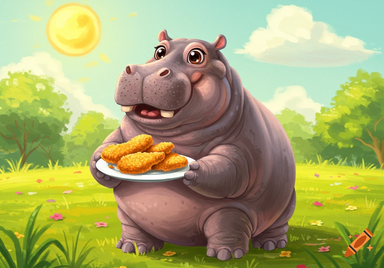 A cartoon hippo holding a plate of crispy chicken tenders in a sunny ...