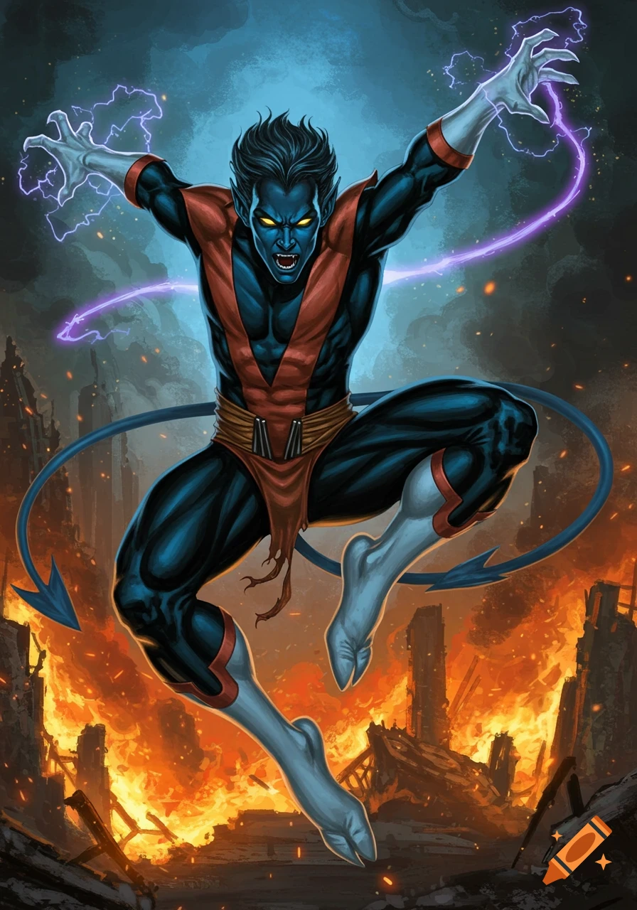 Blue-skinned Nightcrawler, a superhero, leaps with purple lightning in ...