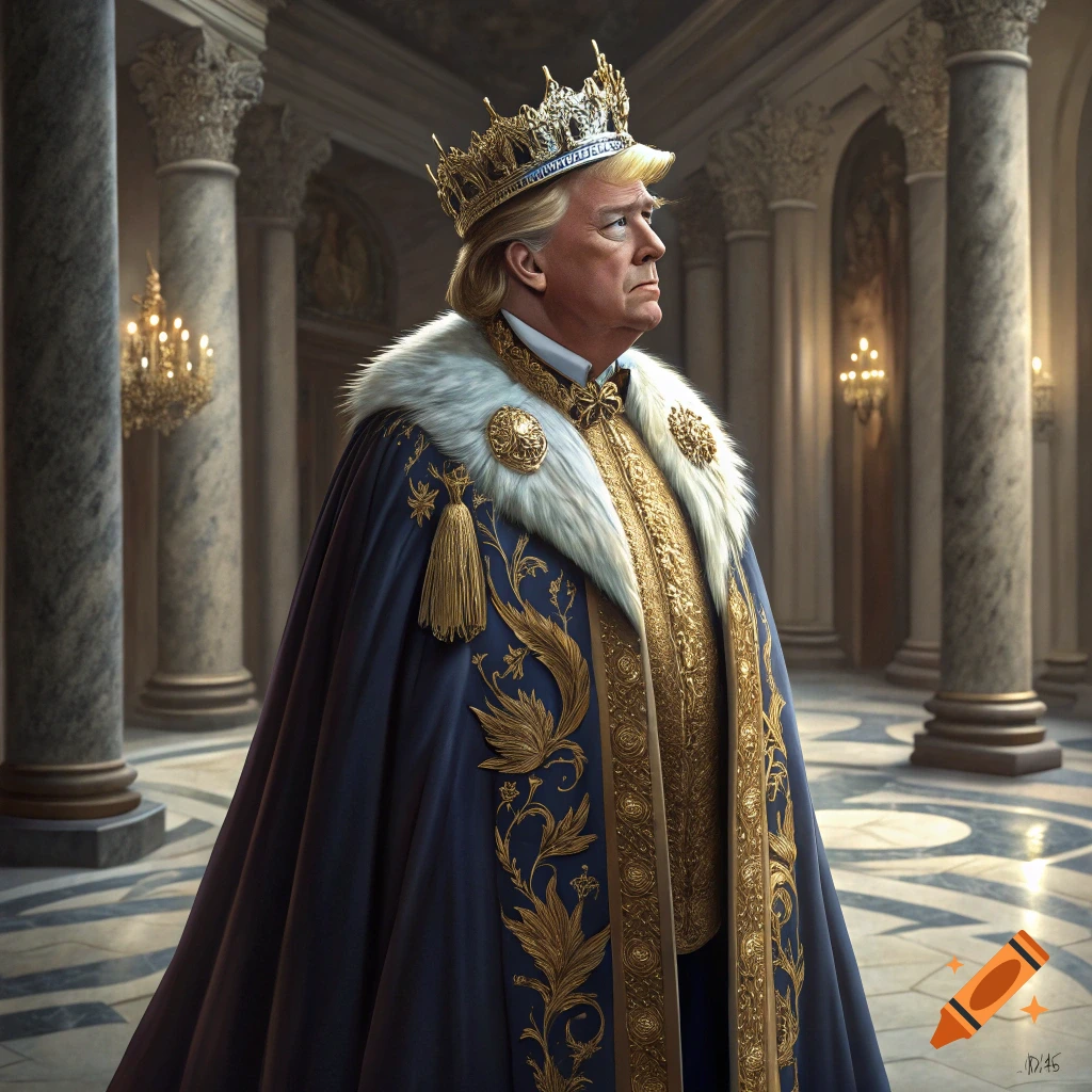 Photorealistic portrait of Donald Trump in a royal robe and crown ...