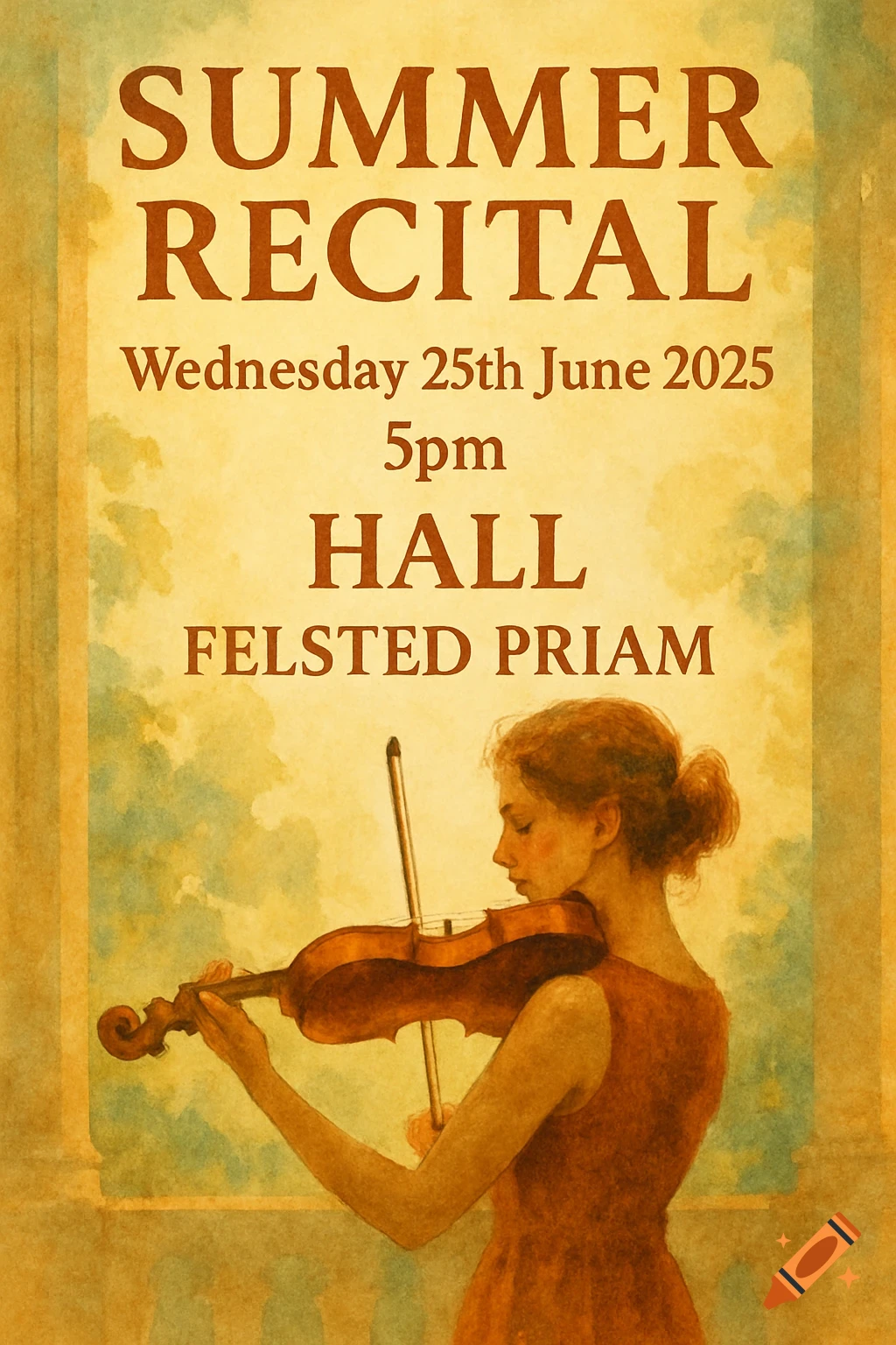 A watercolor-style poster for a summer recital featuring a woman ...