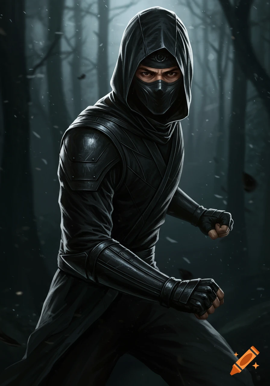 A skilled ninja in a black hooded suit and mask stands in a dark forest ...