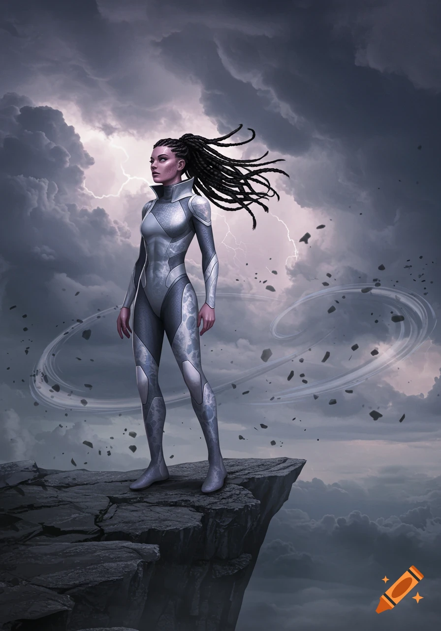 A female superhero in a futuristic suit stands on a cliff under a ...