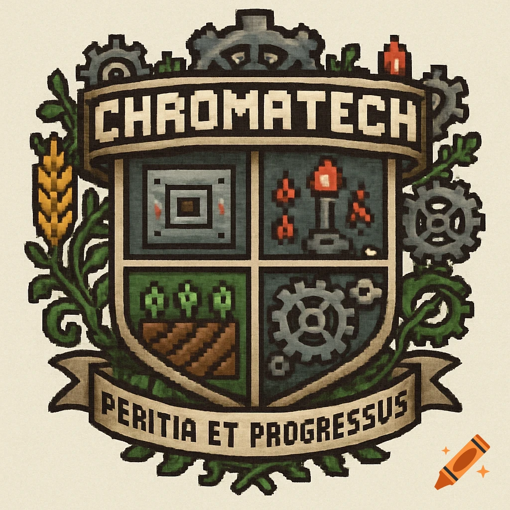 Pixel art family crest logo for Chromatech server, featuring gears, wheat, and crops, with the ...