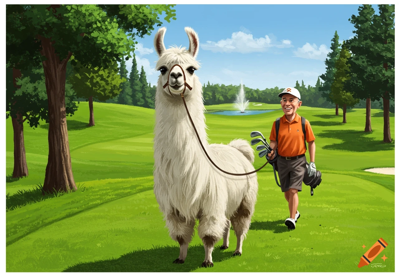 An illustrated scene of a white llama caddy and a male golfer walking ...