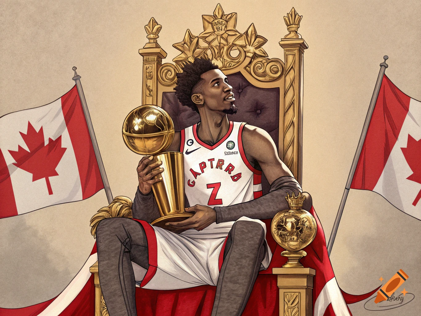 An illustration of a basketball player on a golden throne holding an ...