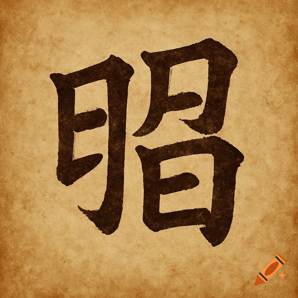 A single Chinese Hanzi character '昭' written in dark brown brush ...