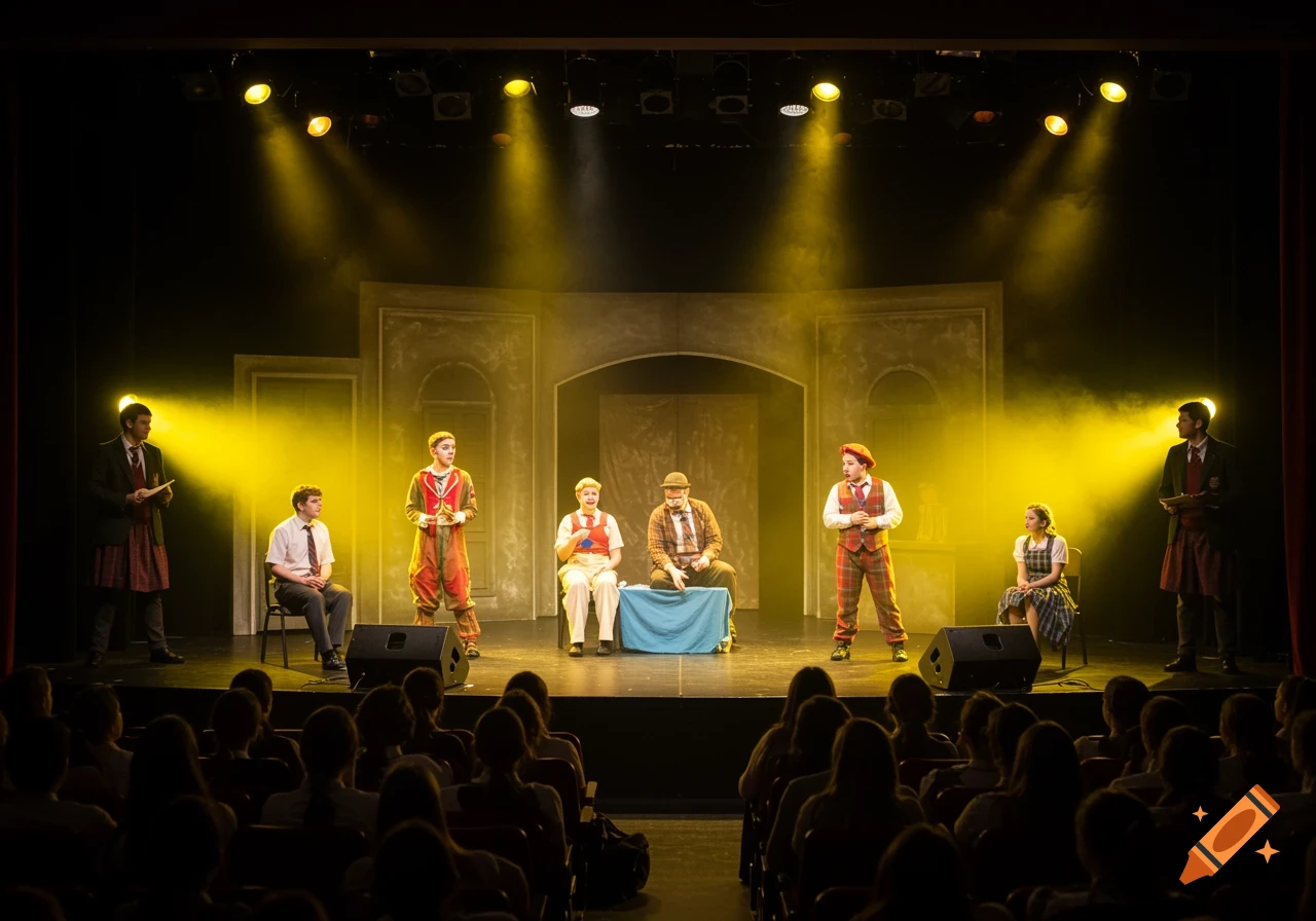 A live stage performance bathed in bright yellow spotlights, featuring ...