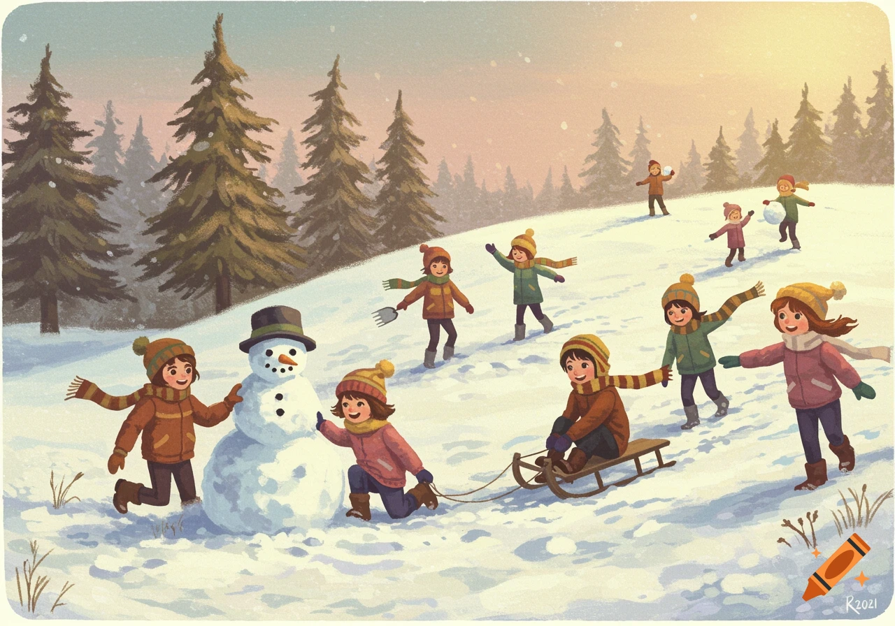 A vintage illustration of children playing in the snow, building a ...