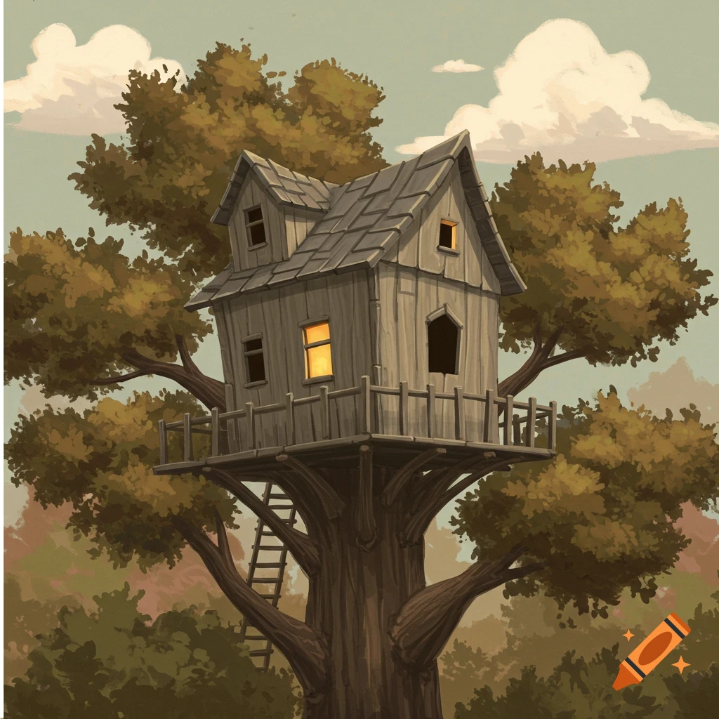 A painted treehouse nestled high in a large tree with warm light ...
