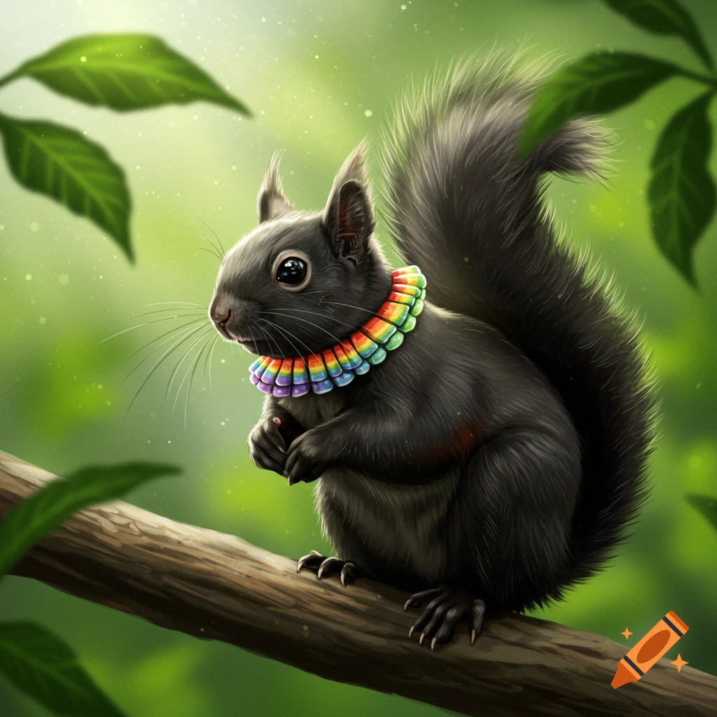 A black squirrel with a fluffy tail and a rainbow-colored beaded collar ...