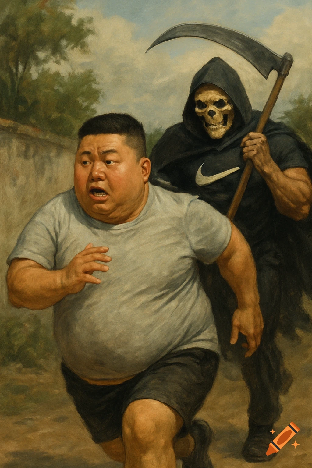 A portly Asian man with a low taper fade haircut runs in fear from the ...