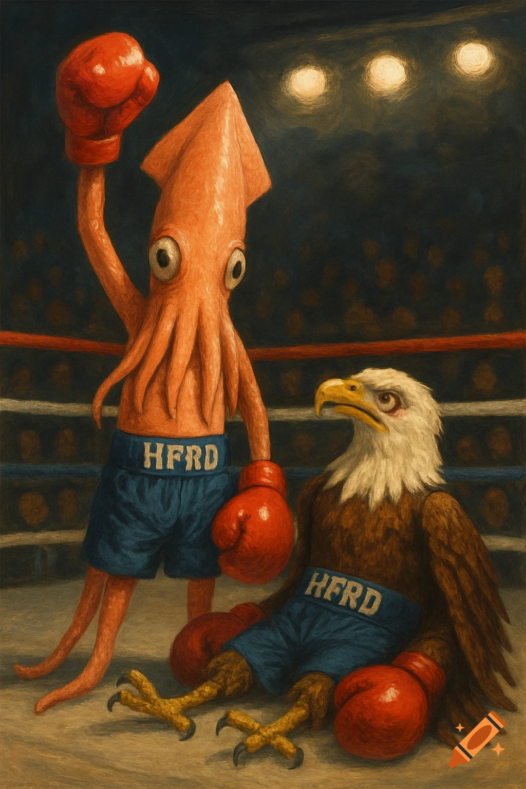 A squid wearing red boxing gloves and blue shorts with "HFRD" stands ...