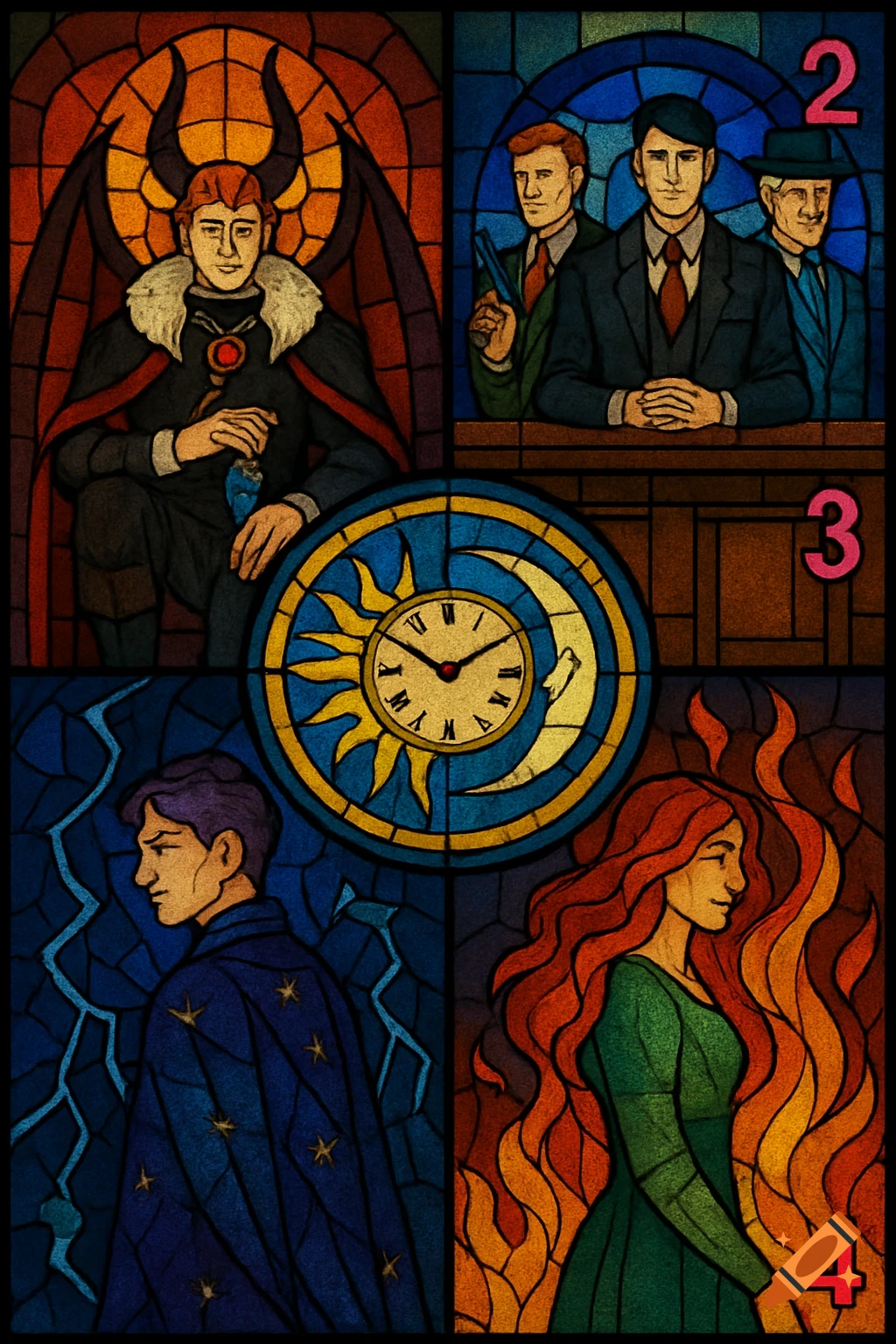 A colorful stained glass image divided into four panels and a central ...