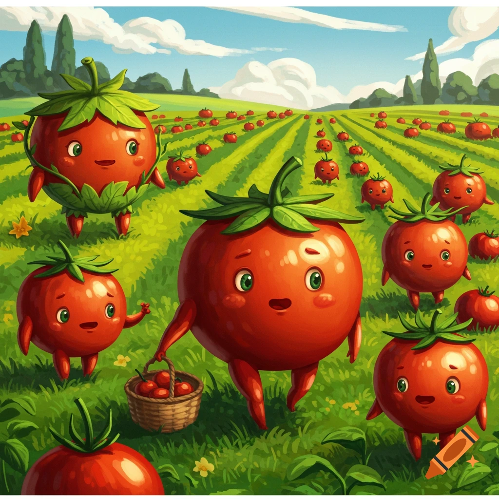 Cartoon tomato characters with faces and limbs in a green field under a ...