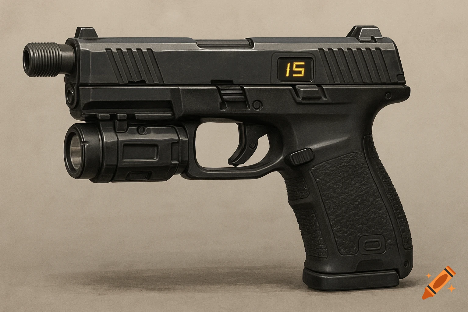 A black semi-automatic pistol with a threaded barrel, tactical ...