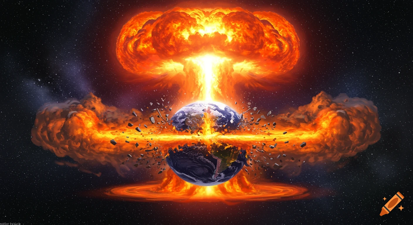 Earth splitting apart in a fiery nuclear explosion in space, surrounded ...
