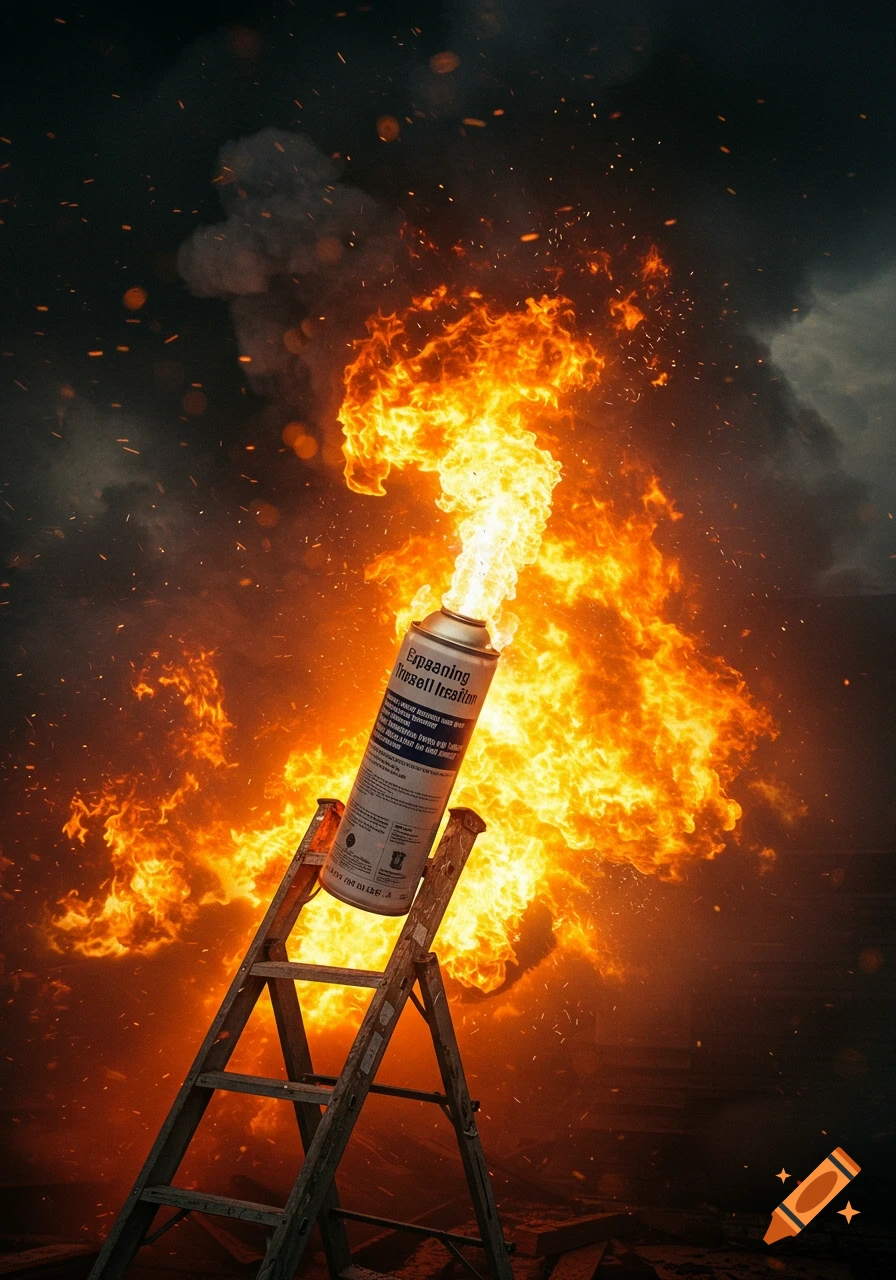 A large spray can burning on a wooden ladder, engulfed in bright orange ...