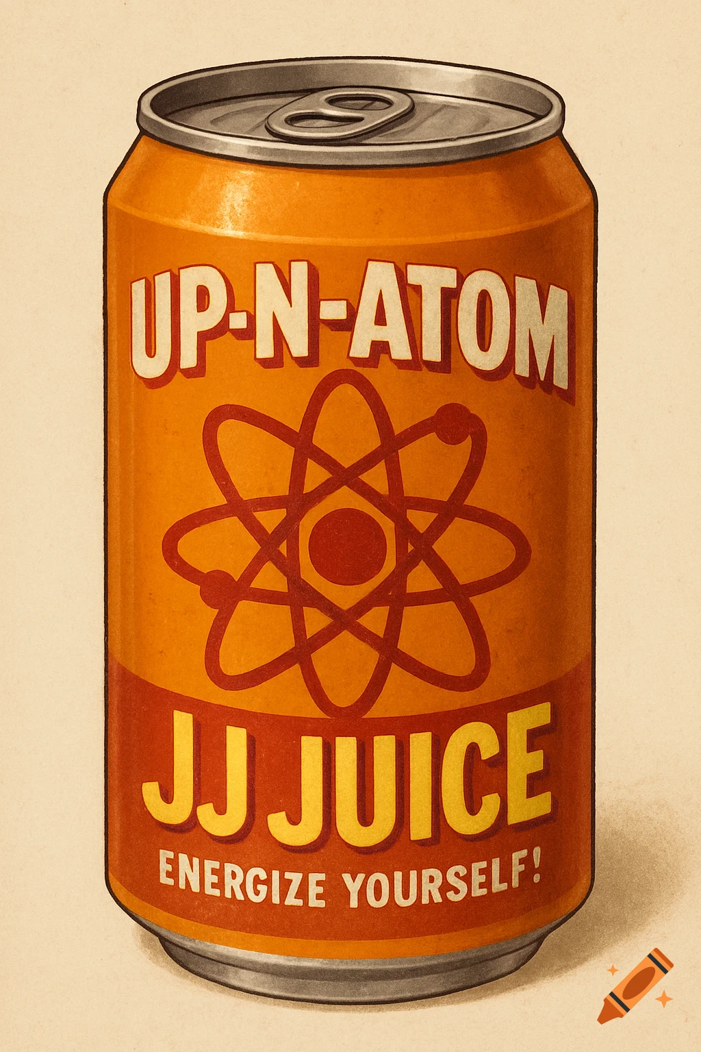 Orange soda can with 'UP-N-ATOM JJ JUICE' and an atomic symbol, text ...