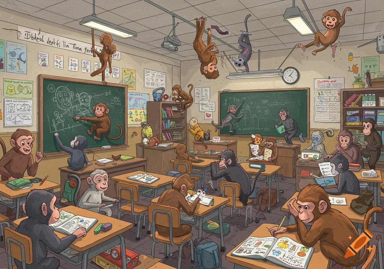 Cartoon illustration of a lively classroom full of monkeys. Some ...