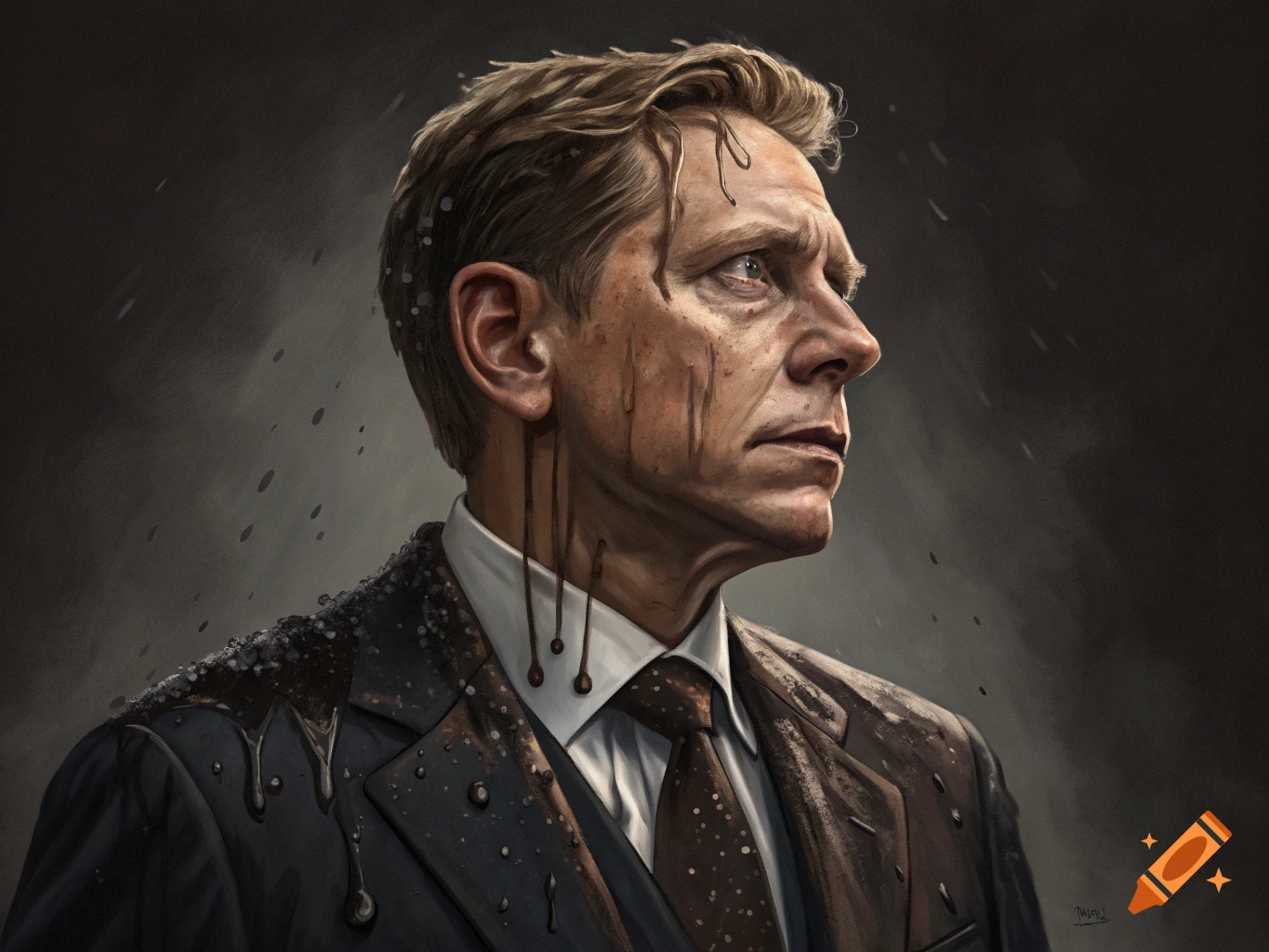 A realistic portrait of a man in a suit, covered in dark, dripping oil ...