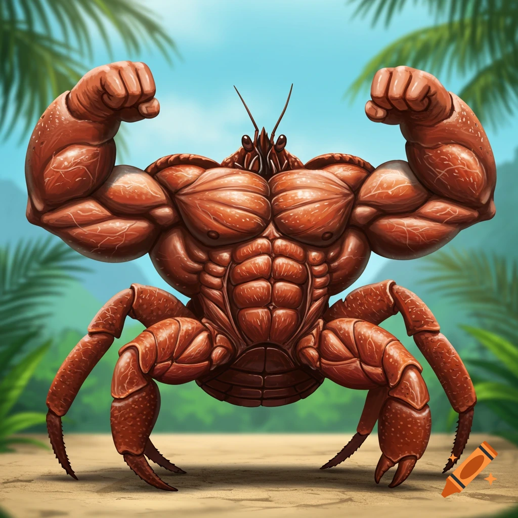 A muscular coconut crab flexing on a tropical beach. on Craiyon