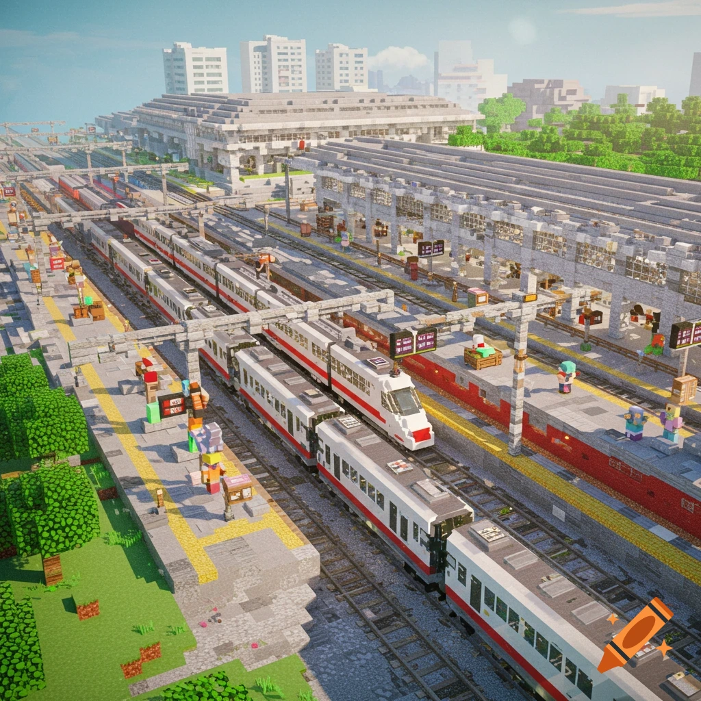Overhead view of a Minecraft-style train station with multiple trains ...
