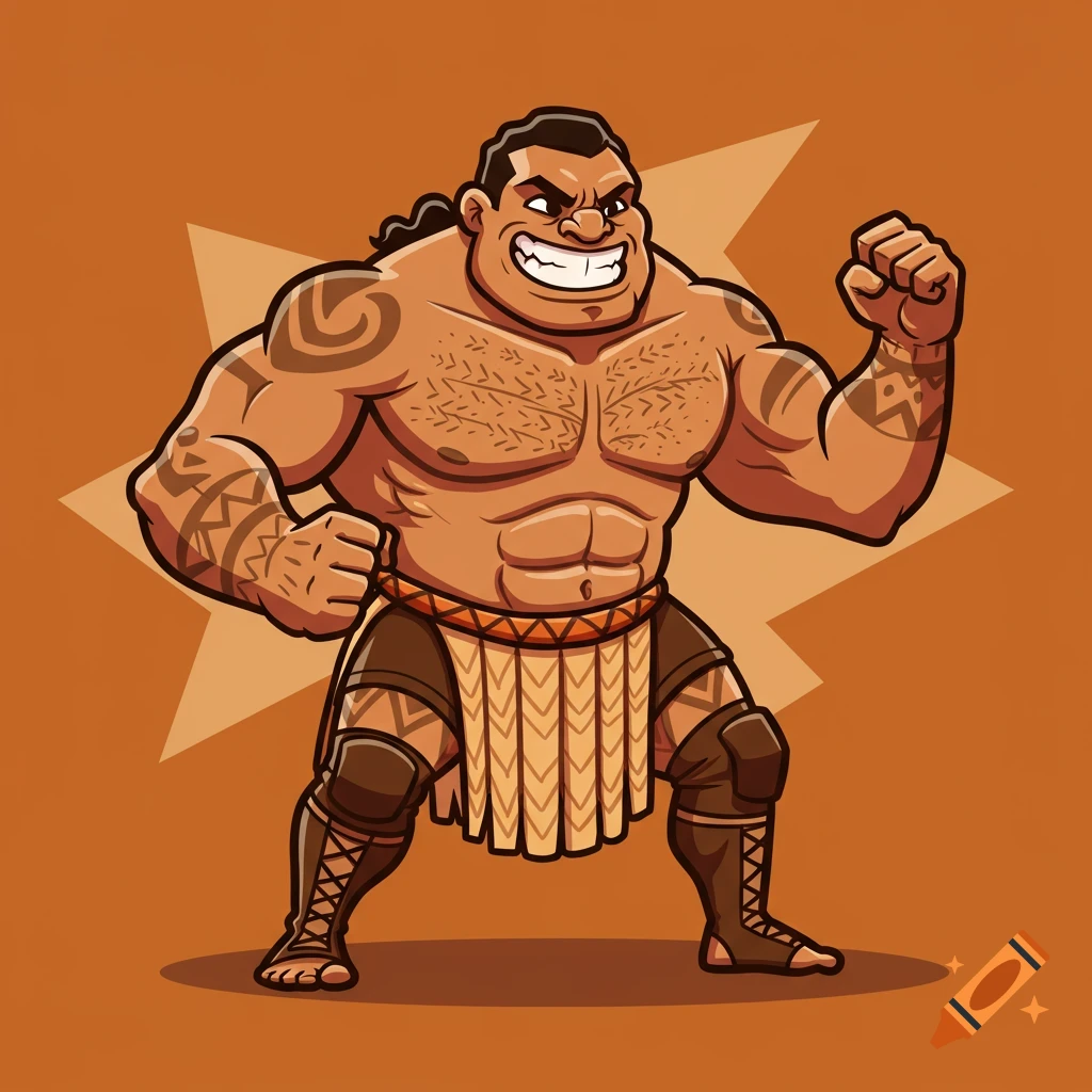 A cartoon illustration of a muscular Samoan wrestler with tribal ...