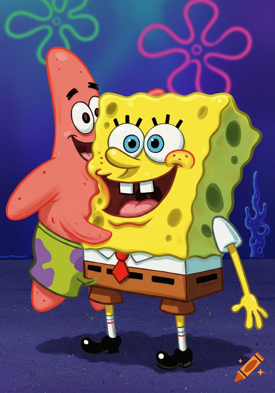 Patrick Star hugs SpongeBob SquarePants in a cartoon style illustration ...