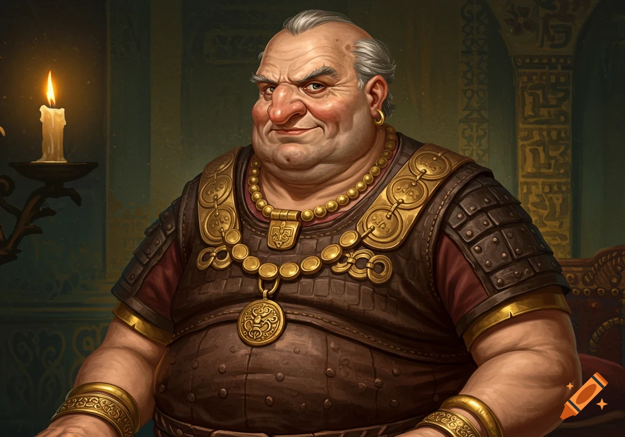 A portly, stern-faced old merchant prince with gray hair and a gold ...