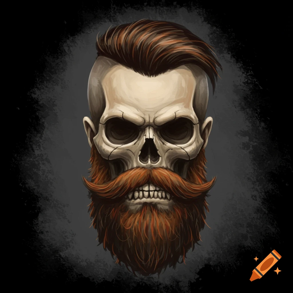 Stylized illustration of a grumpy skull with a long reddish-brown beard ...