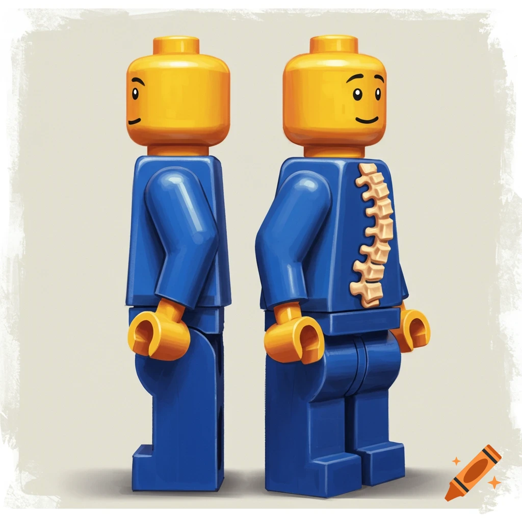 Two blue Lego figures, one showing a normal back and the other a spine ...