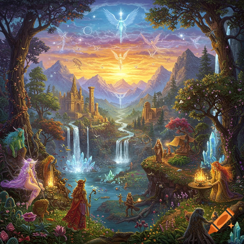 A vibrant fantasy landscape depicting a mythical realm with ethereal ...