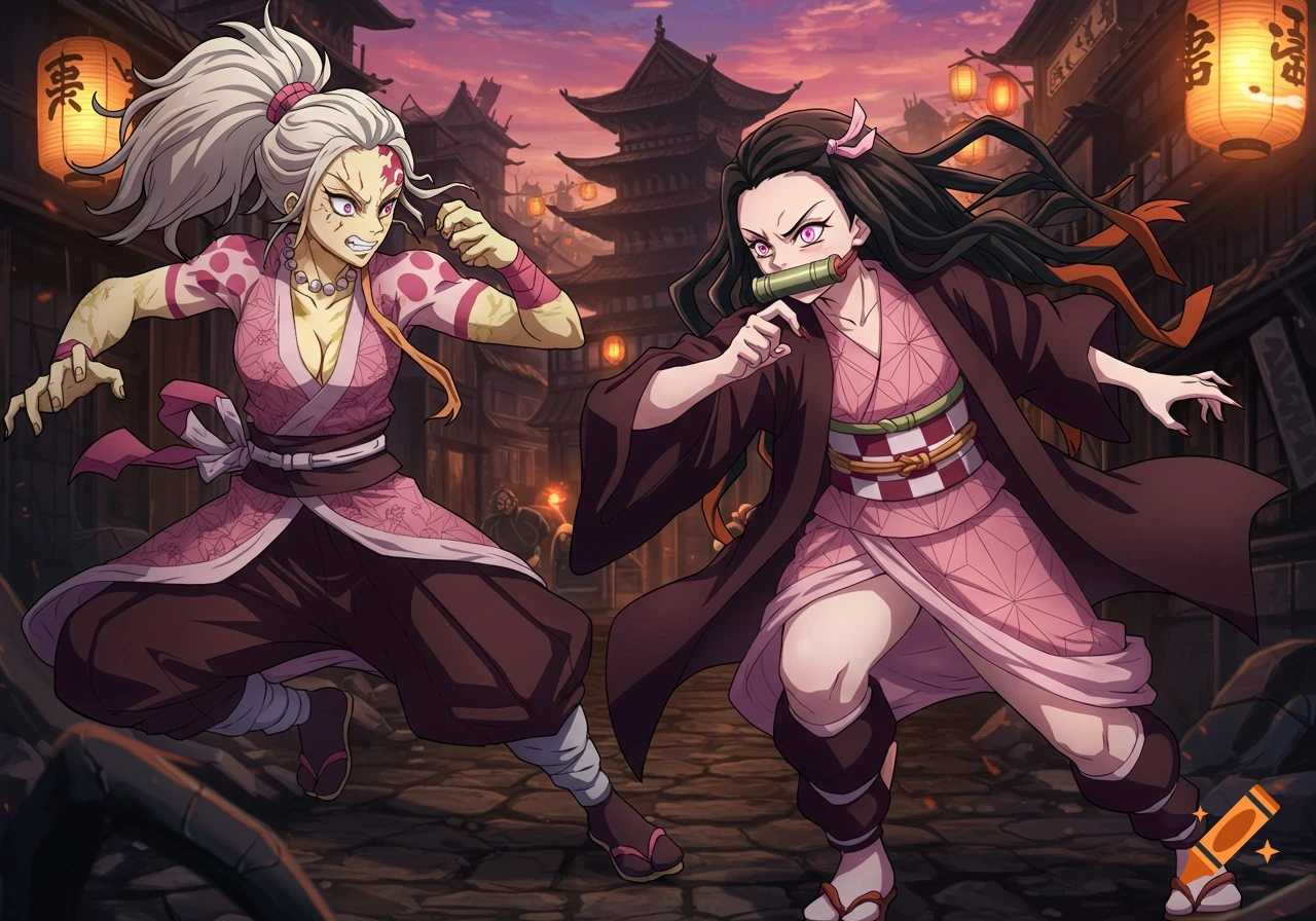 Anime illustration of Daki and Nezuko in a fighting stance on a ...