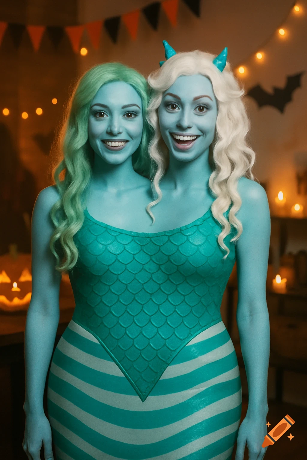 Two women with blue skin in a conjoined costume, one with green hair ...